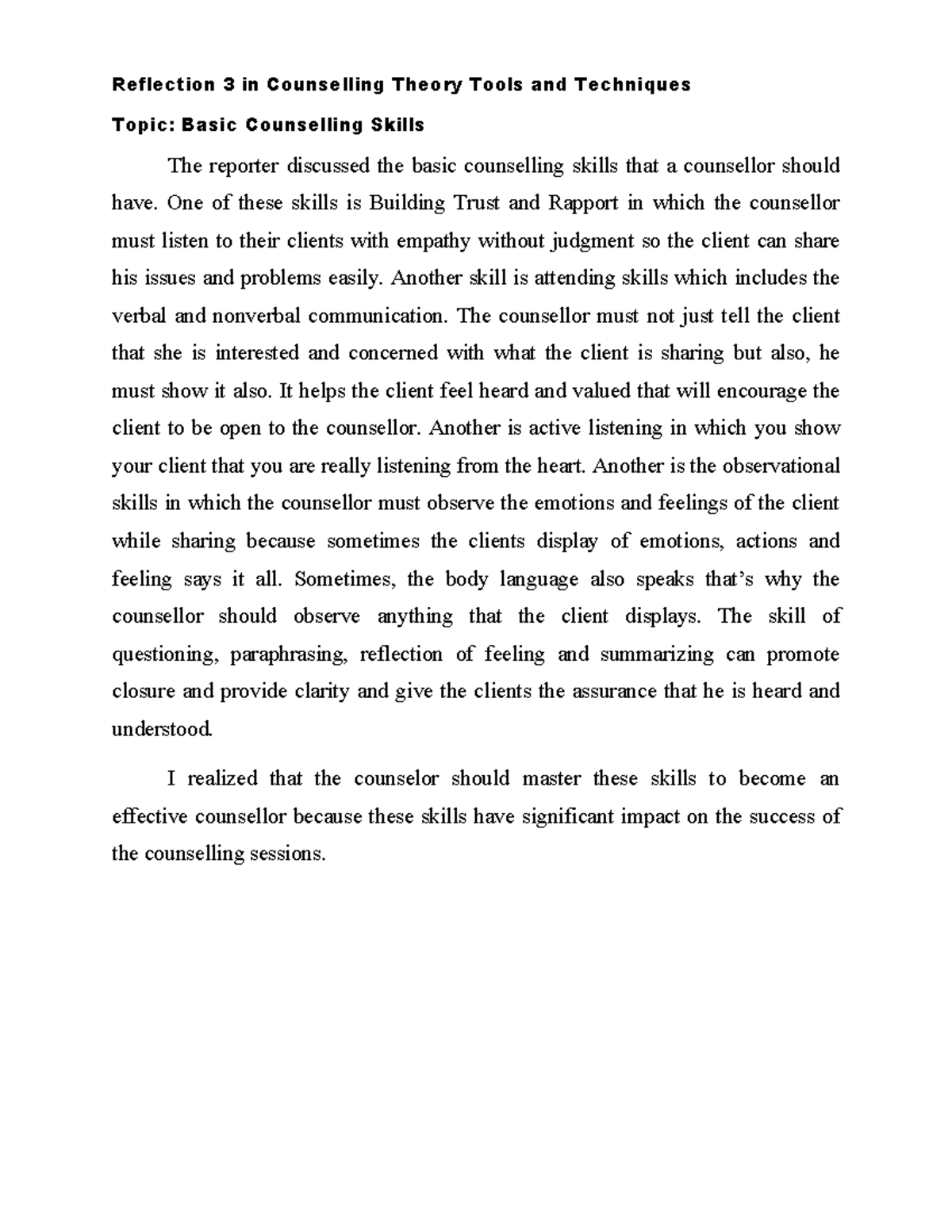 Reflection 3: Basic Counselling Skills in Counselling Theory Tools and ...