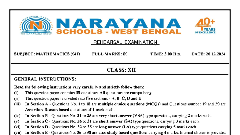 Rehearsal Examination Mathematics (041) Class XII - 20.12.2024 QP - Studocu