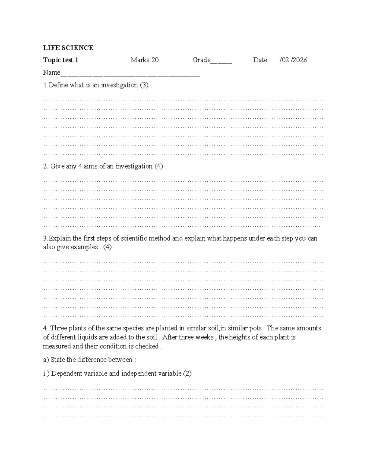 LIFE SCIENCE Grade 9 Topic Test 1: Investigation & Scientific Method ...