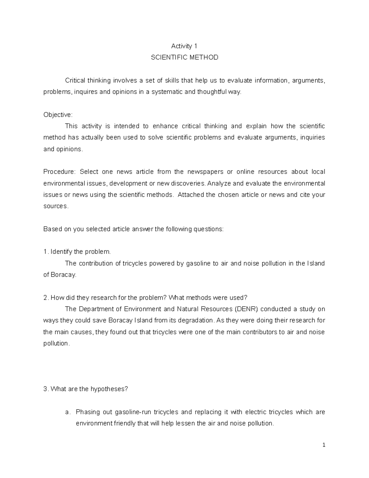 Activity 1: Applying the Scientific Method to Environmental Issues ...