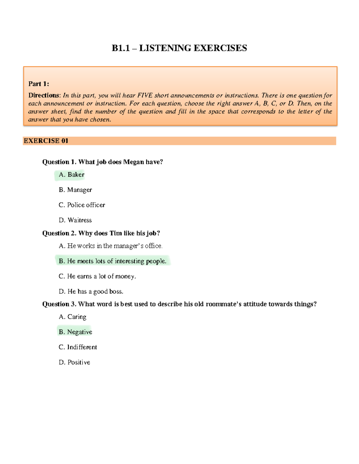 B1.1 - Listening Exercises: Comprehensive Practice Questions - Studocu