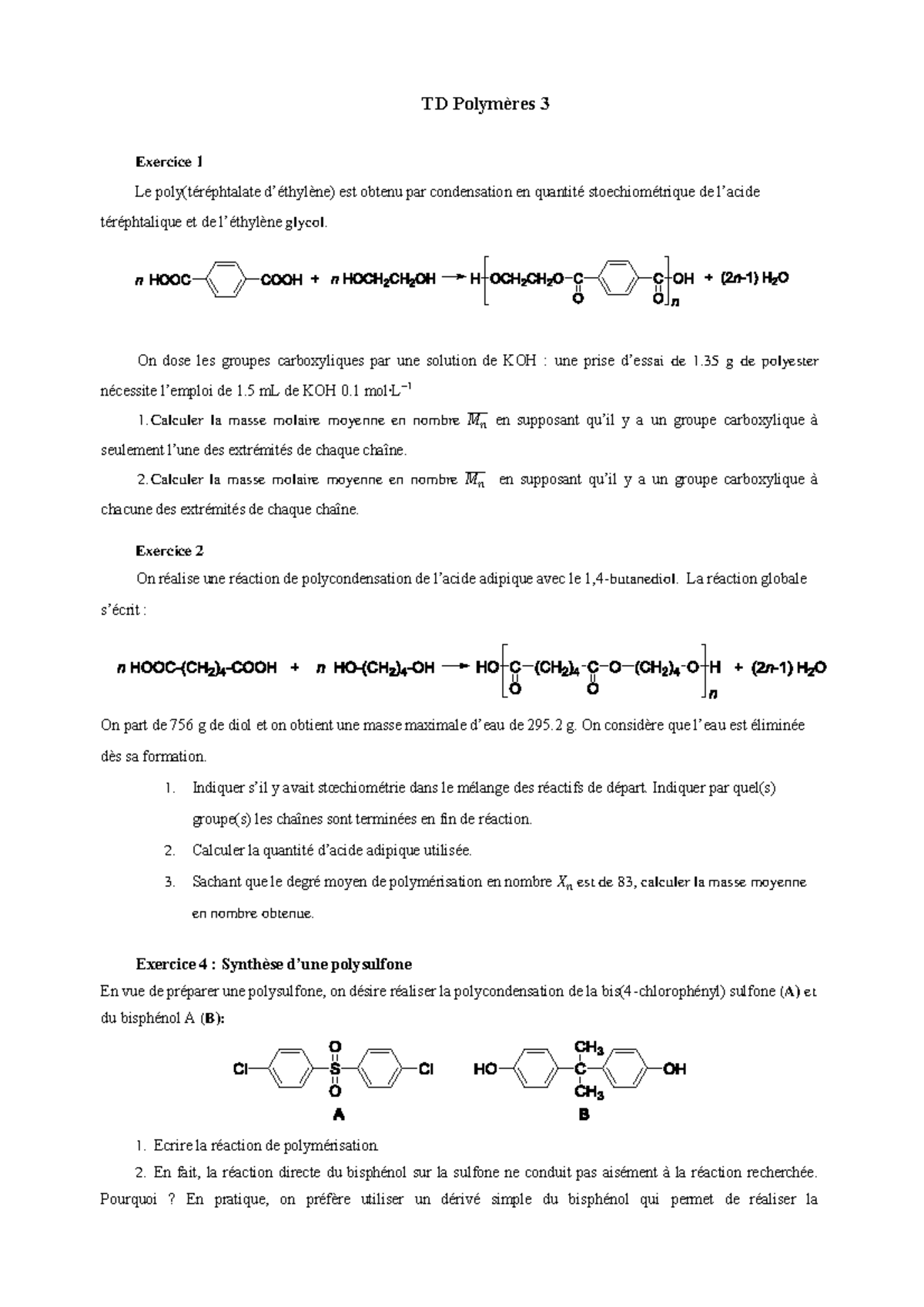 TD3 : Exercice sur la polycondensation et les propriétés des polymères ...