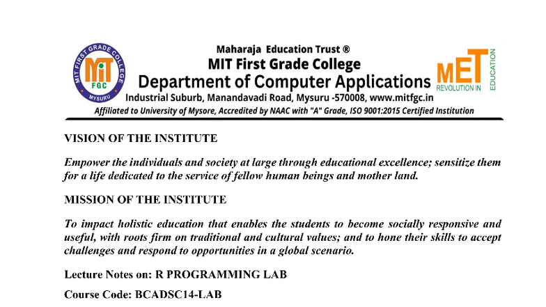 R Programming Lab Manual - MIT FGC (Course Code: R-LAB) - Studocu