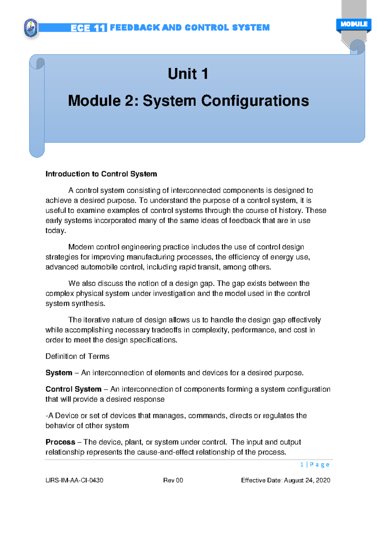 ECE 11 Module 2 - FEEDBACK AND CONTROL SYSTEM - 1 | P a g e ECE 11 ...