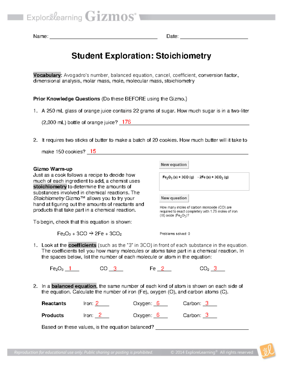 Stoichiometry SE - WORKSHEET - Name ...