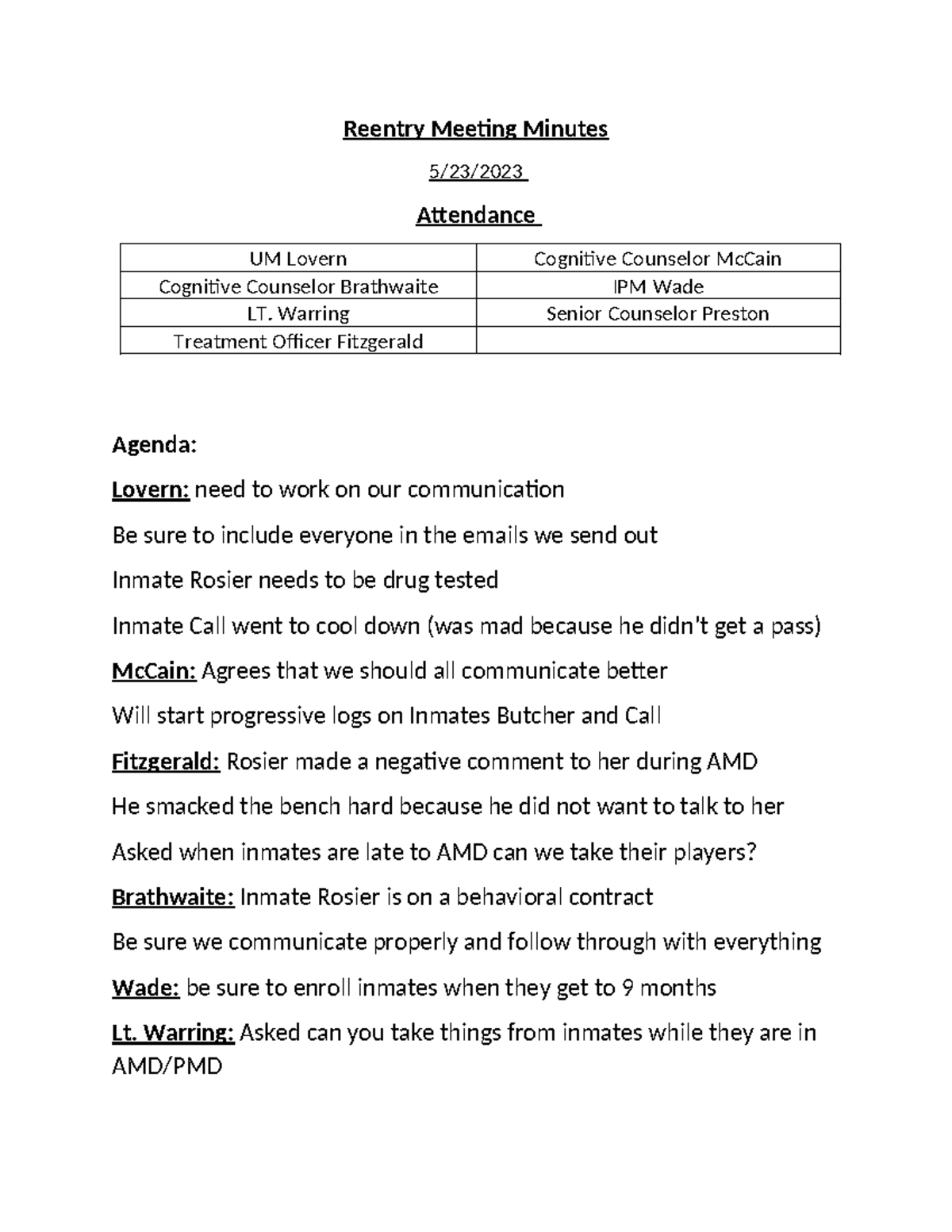 Reentry Meeting Minutes - Attendance & Agenda (5.23.2023) - Studocu