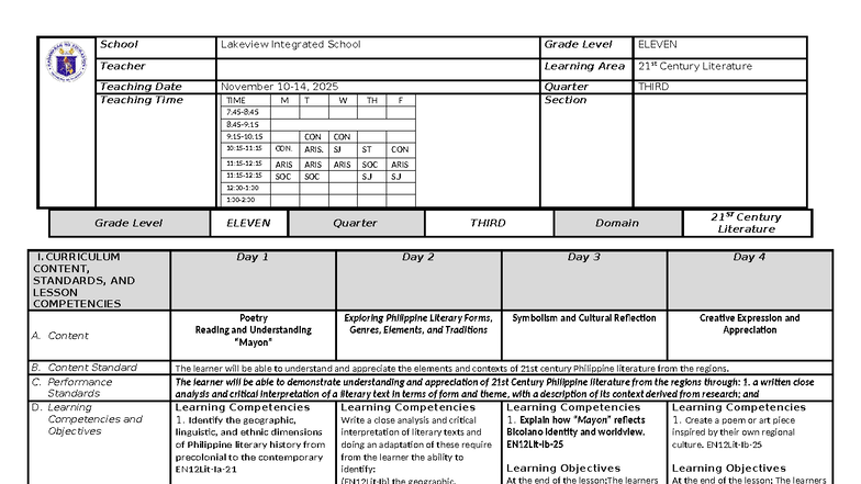 Week 2 Daily Lesson Plan for 21st Century Literature (Grade 11) - Studocu