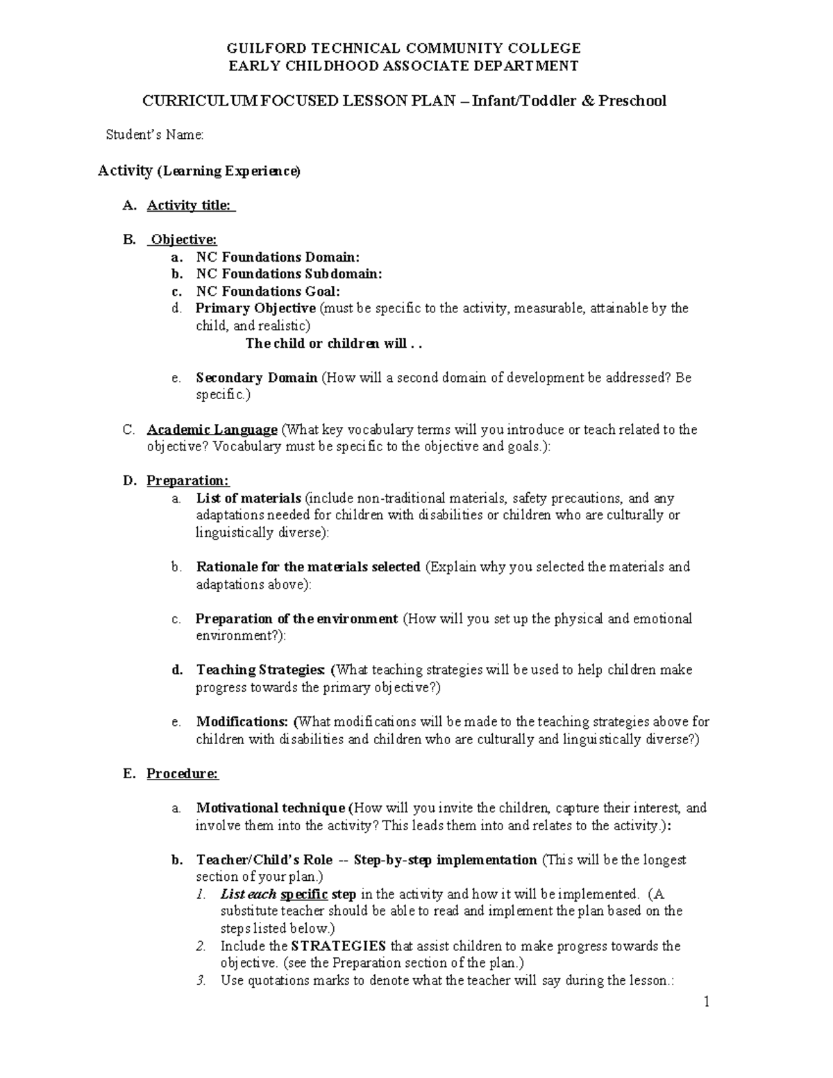 Curriculum Focused Lesson Plan Template for ECE – Infant/Toddler ...