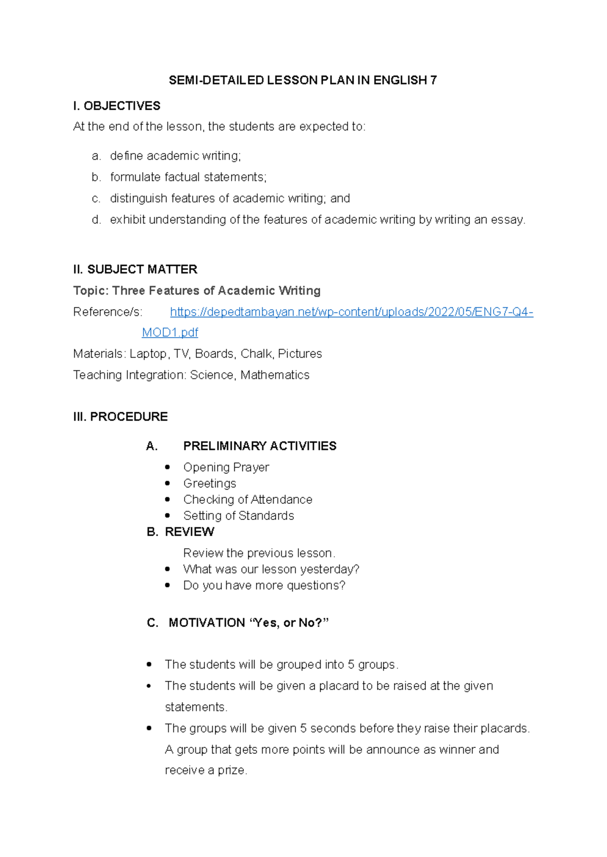 lesson plan g7 final demo - SEMI-DETAILED LESSON PLAN IN ENGLISH 7 I ...