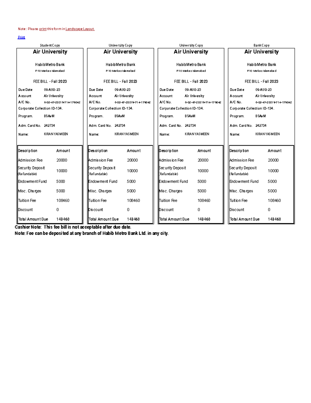 Air University Fee Bill - Fall 2023 for Kiran Yasmeen - BSAvM - Studocu