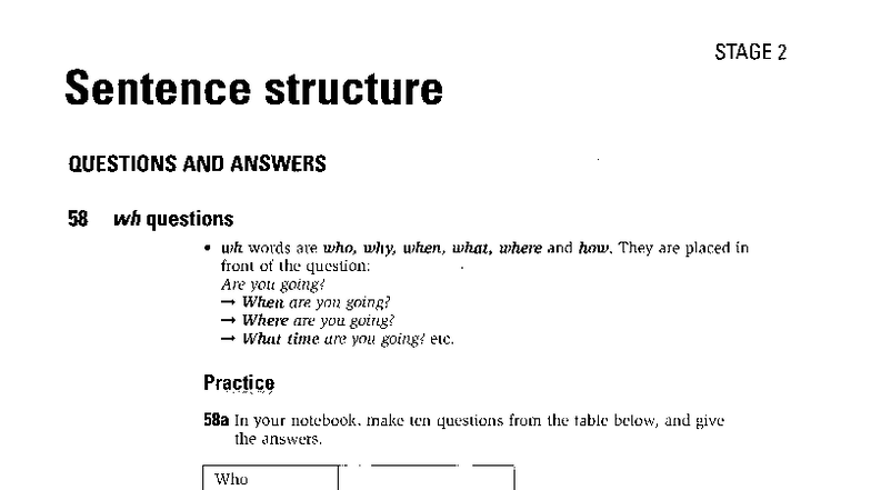 STAGE 2 WH Questions: Sentence Structure Practice and Answers - Studocu