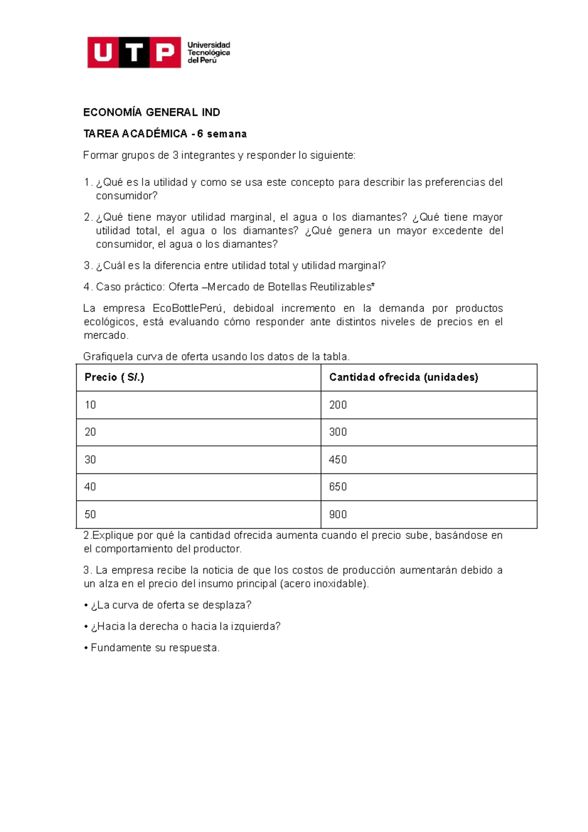 ECON 101 TAREA ACADÉMICA 6: Utilidad y Oferta de Botellas - Studocu