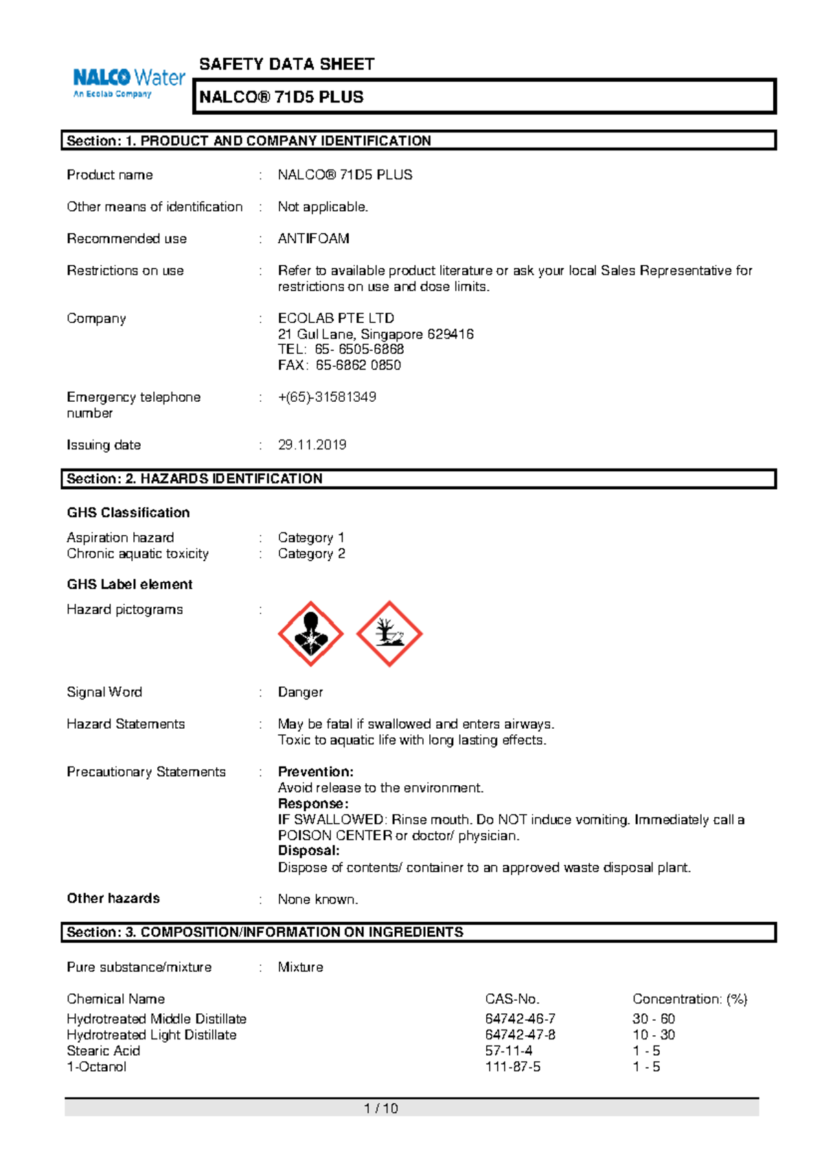 SDS Nalco® 71D5 Plus - Product Safety Data Sheet 2019 Edition - Studocu