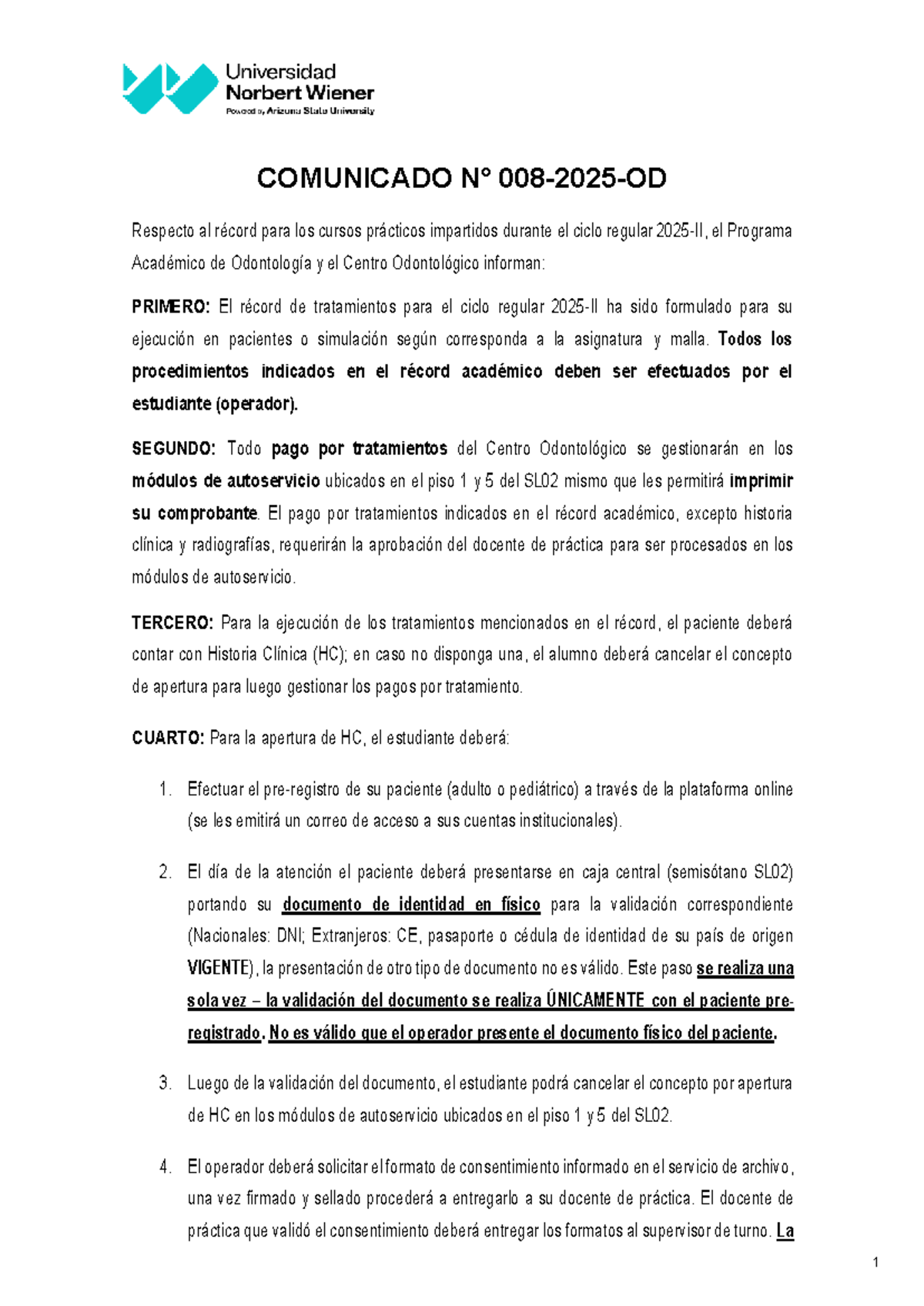 Comunicado N° 008-2025-OD: Procedimientos y Requisitos en Odontología - Studocu