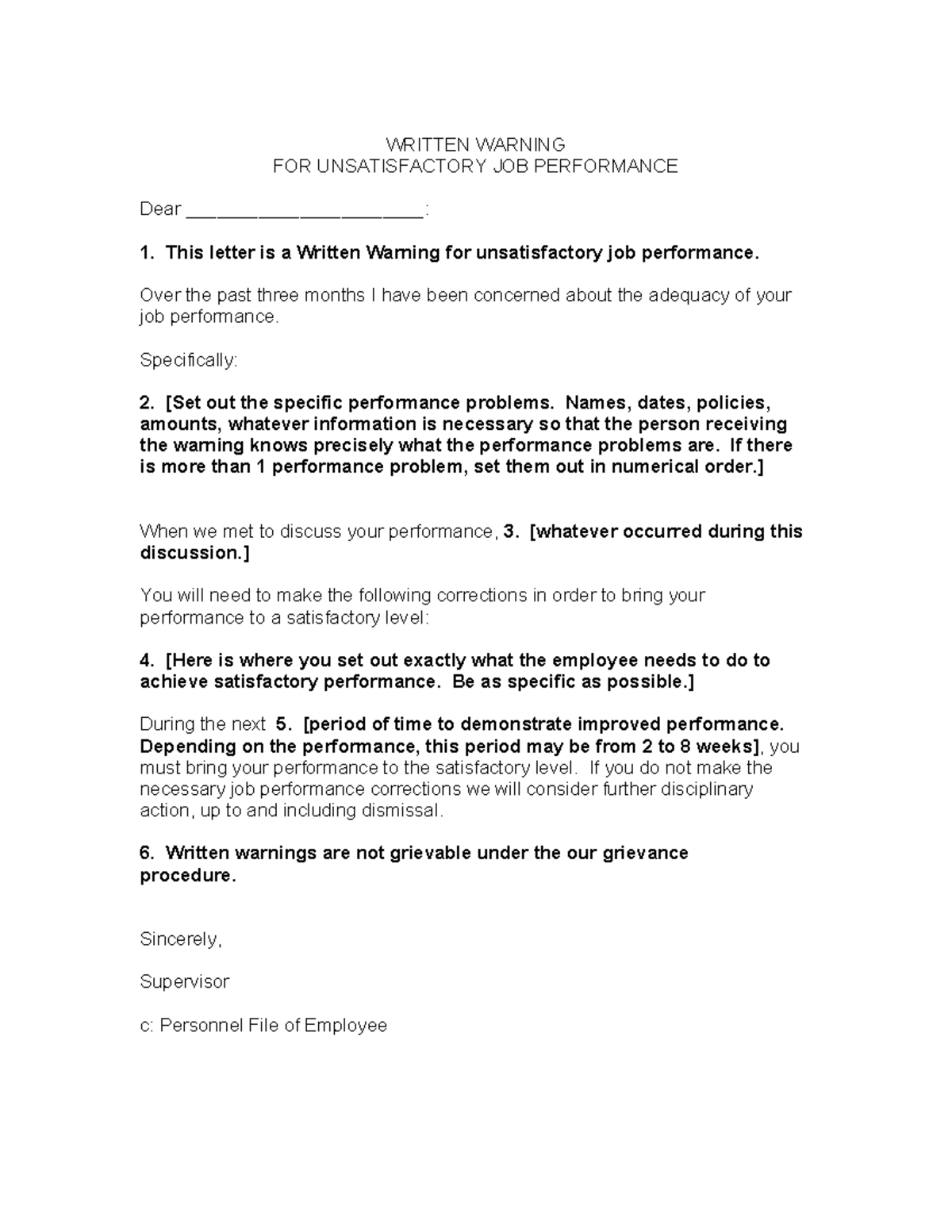 WRITTEN WARNING FOR UNSATISFACTORY JOB PERFORMANCE - NOTE - Studocu
