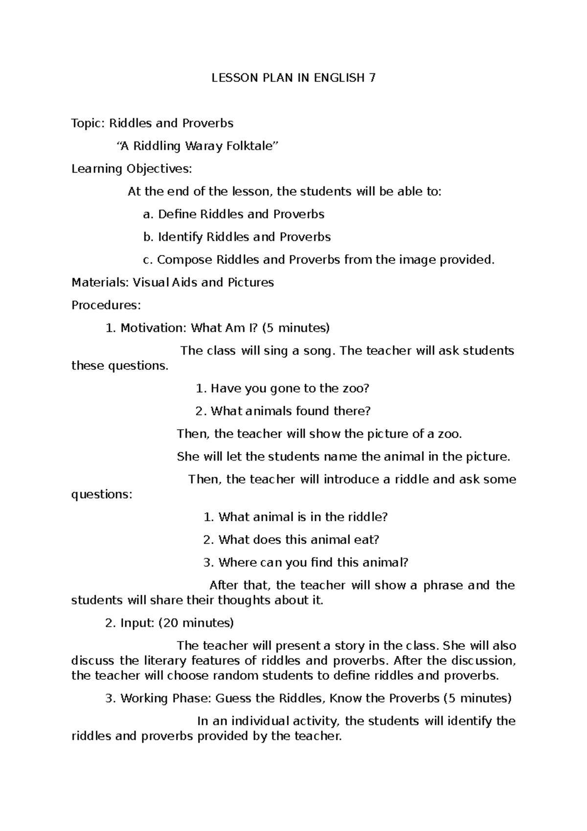 LP 1 - Lesson Plan for Riddles and Proverbs in English 7 - Studocu
