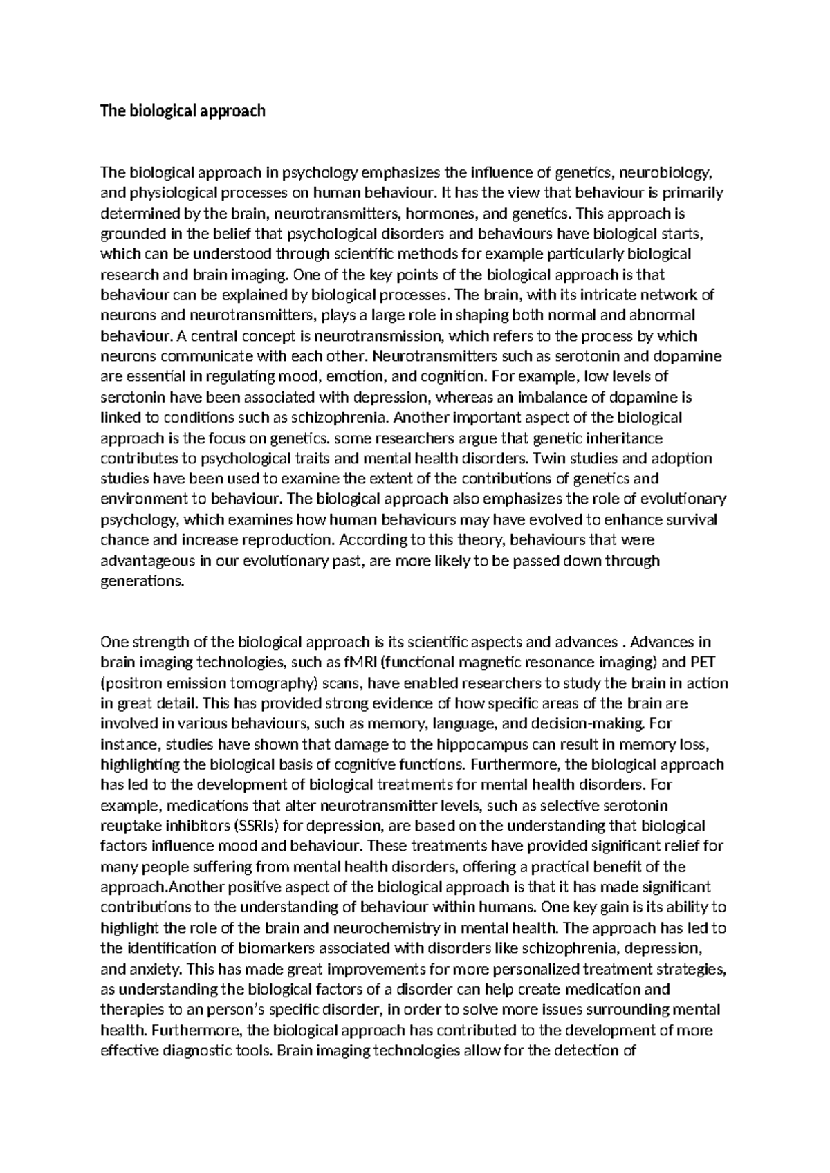 Biological Approach Essay: Insights & Implications in Psychology - Studocu