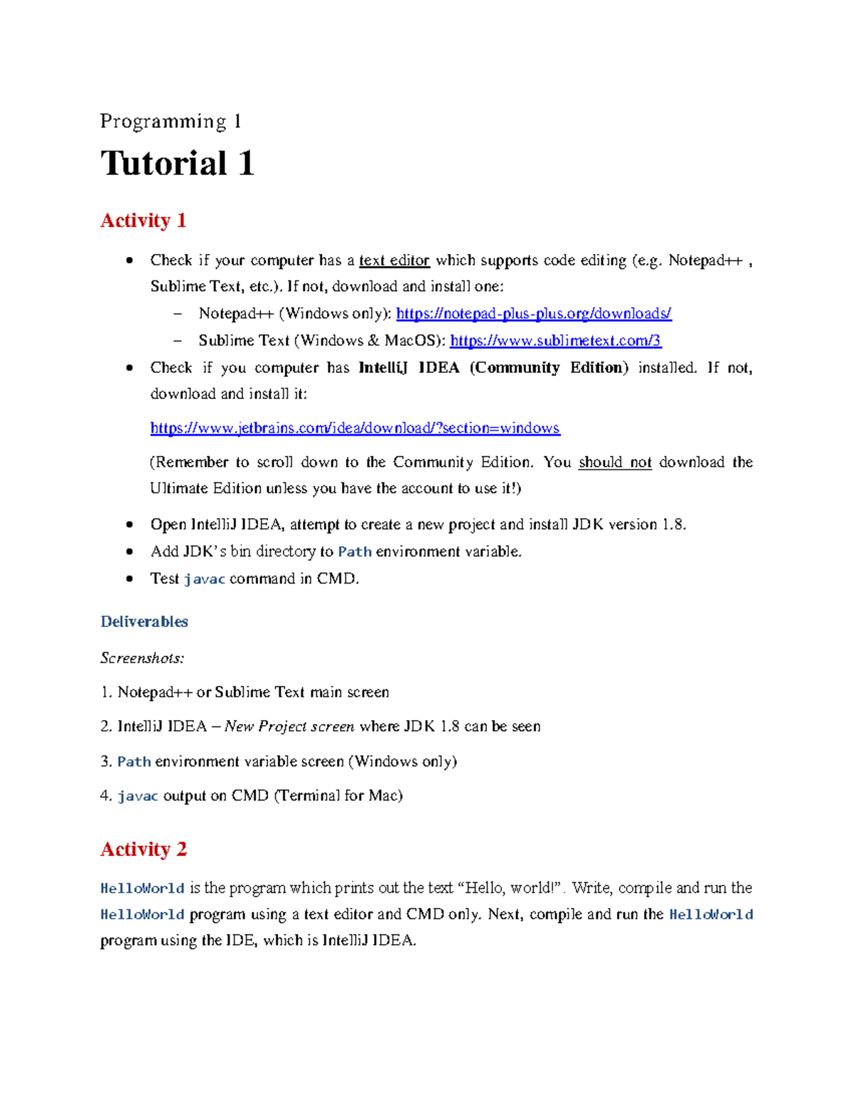 Tutorial 1 - Programming 1 Tutorial 1 Activity 1 Check if your computer ...