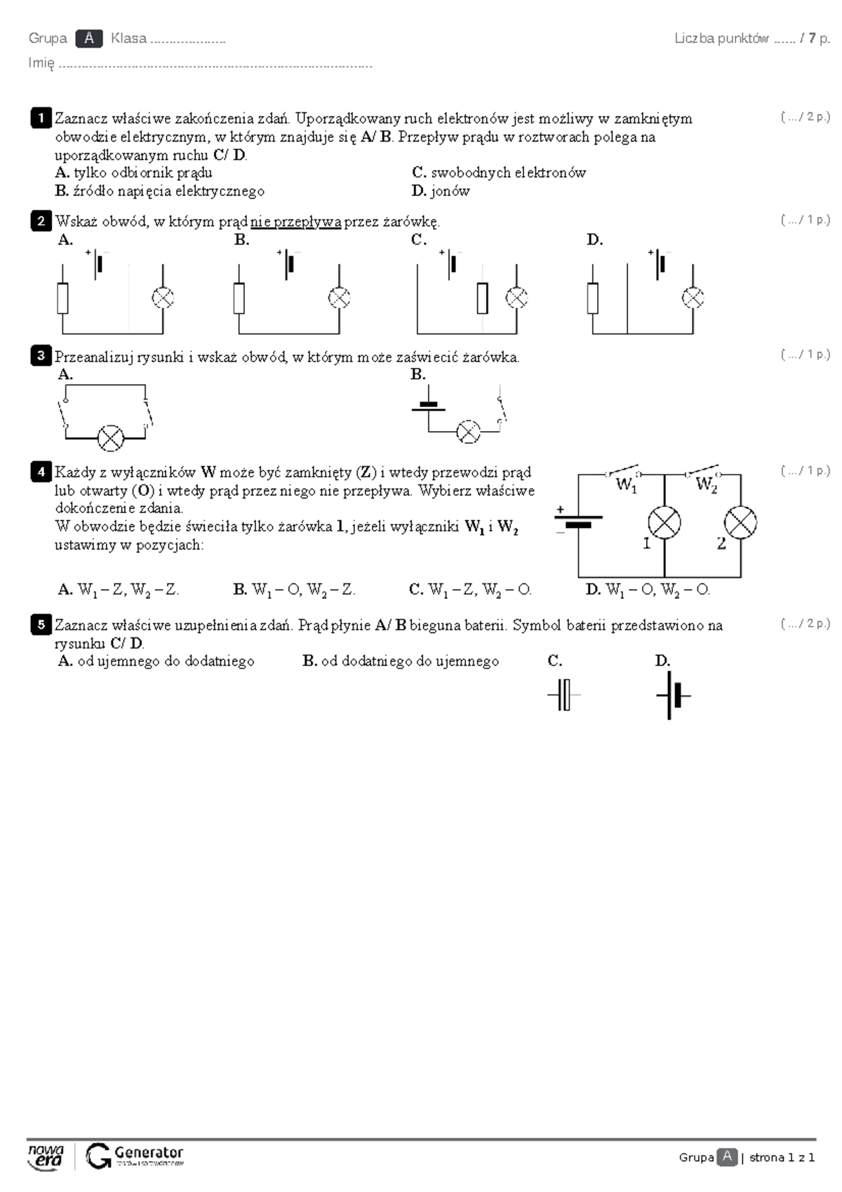 5.7 Obwody elektryczne - Test z widoczną punktacją - Studocu