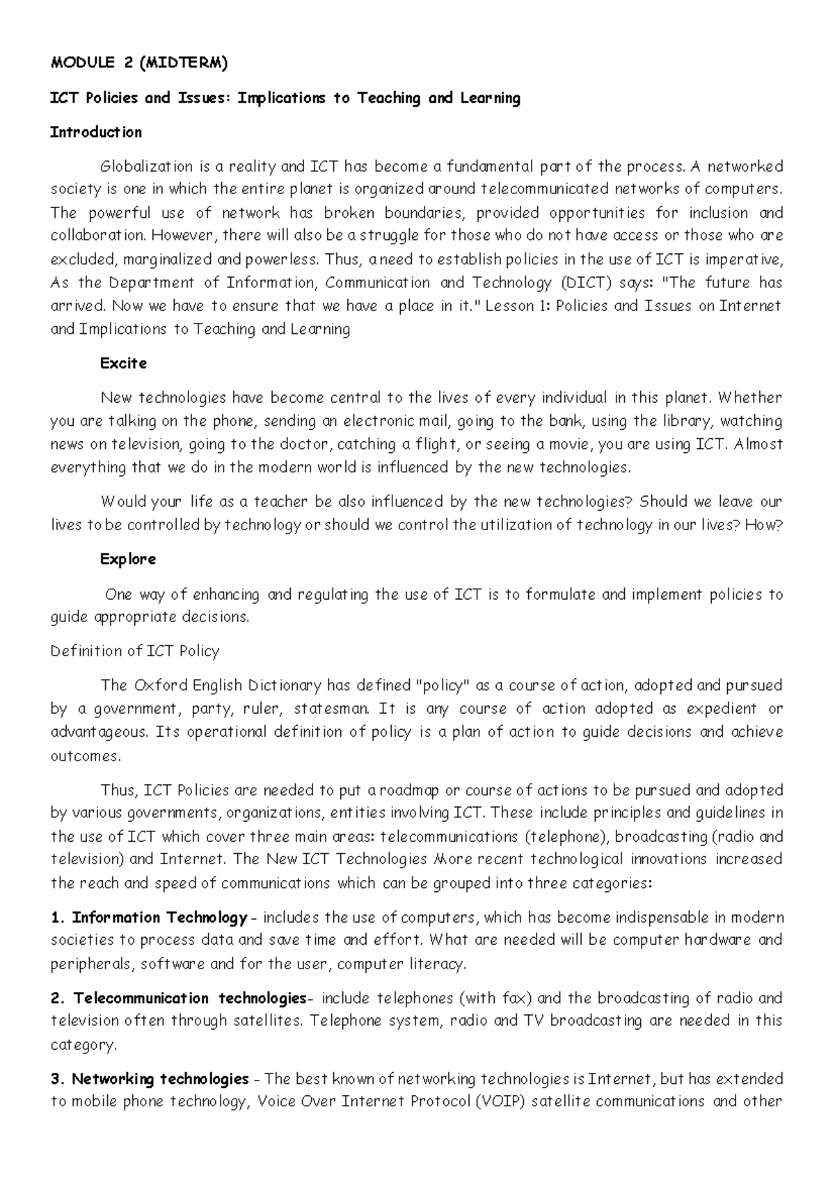 Midterm ( Module 2) Technology FOR Teaching & Learning 1 - MODULE 2 (MIDTERM) ICT Policies and ...