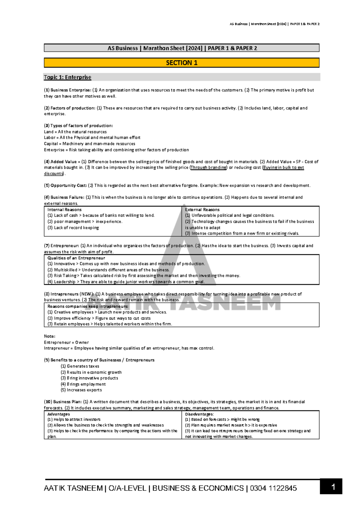 AS Business Economics Marathon Sheet: Key Concepts & Topics Overview ...