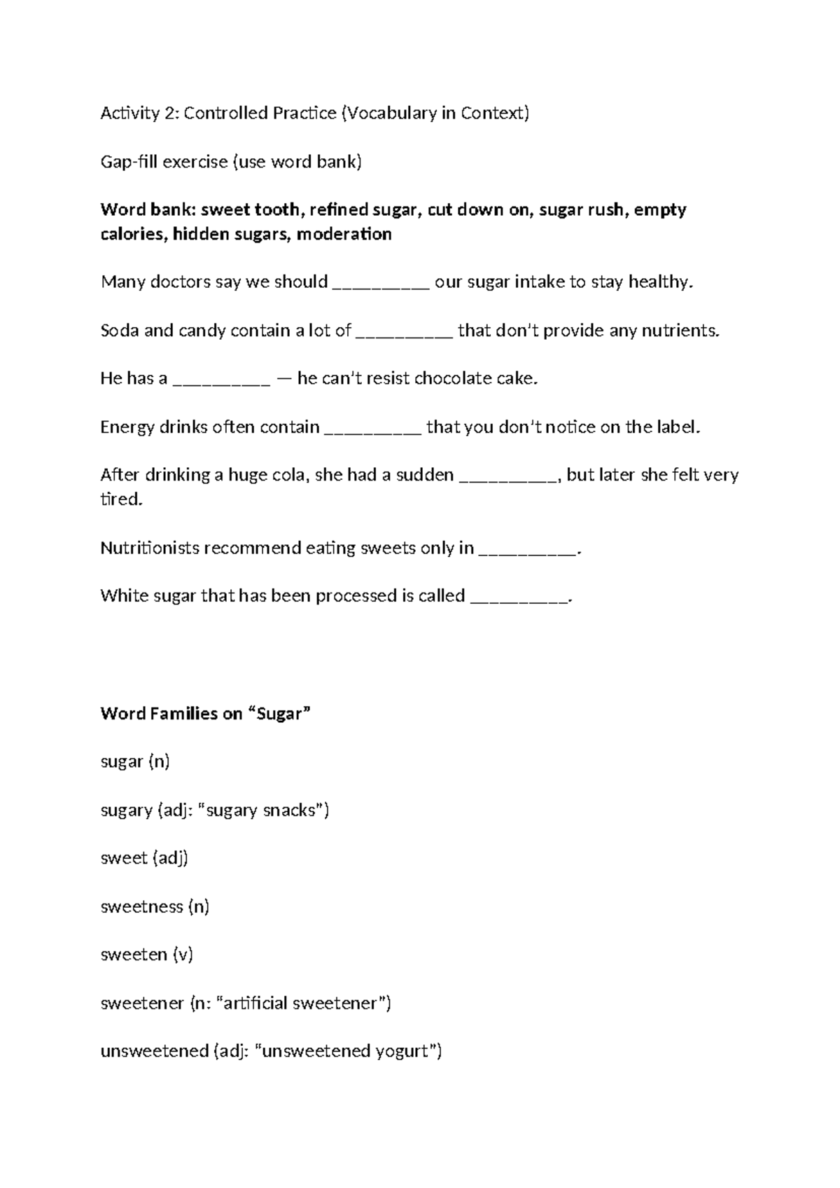 Activity 2: Controlled Practice (Vocabulary in Context) Exercise - Studocu