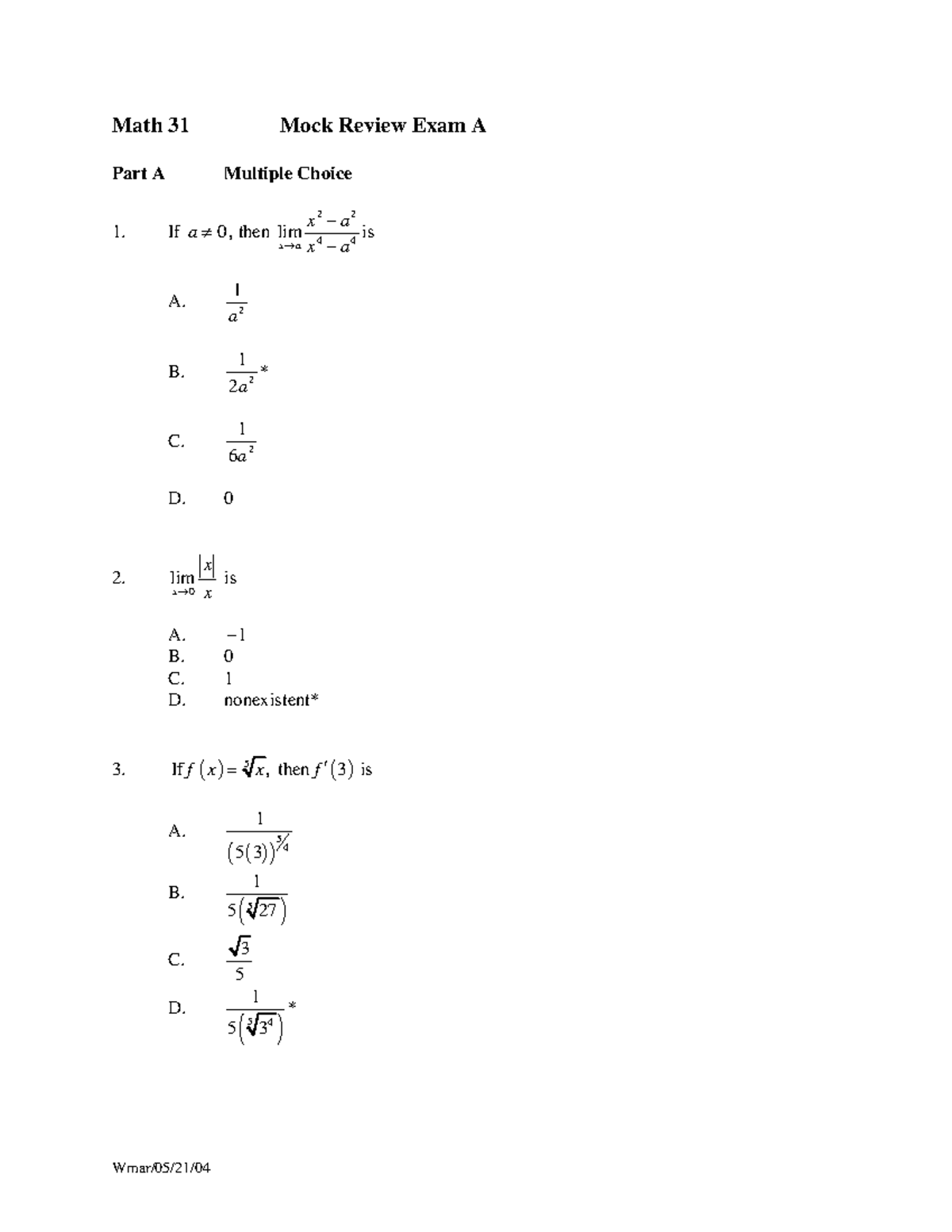 Math 31 Mock Review Exam A: Multiple Choice Questions and Solutions ...