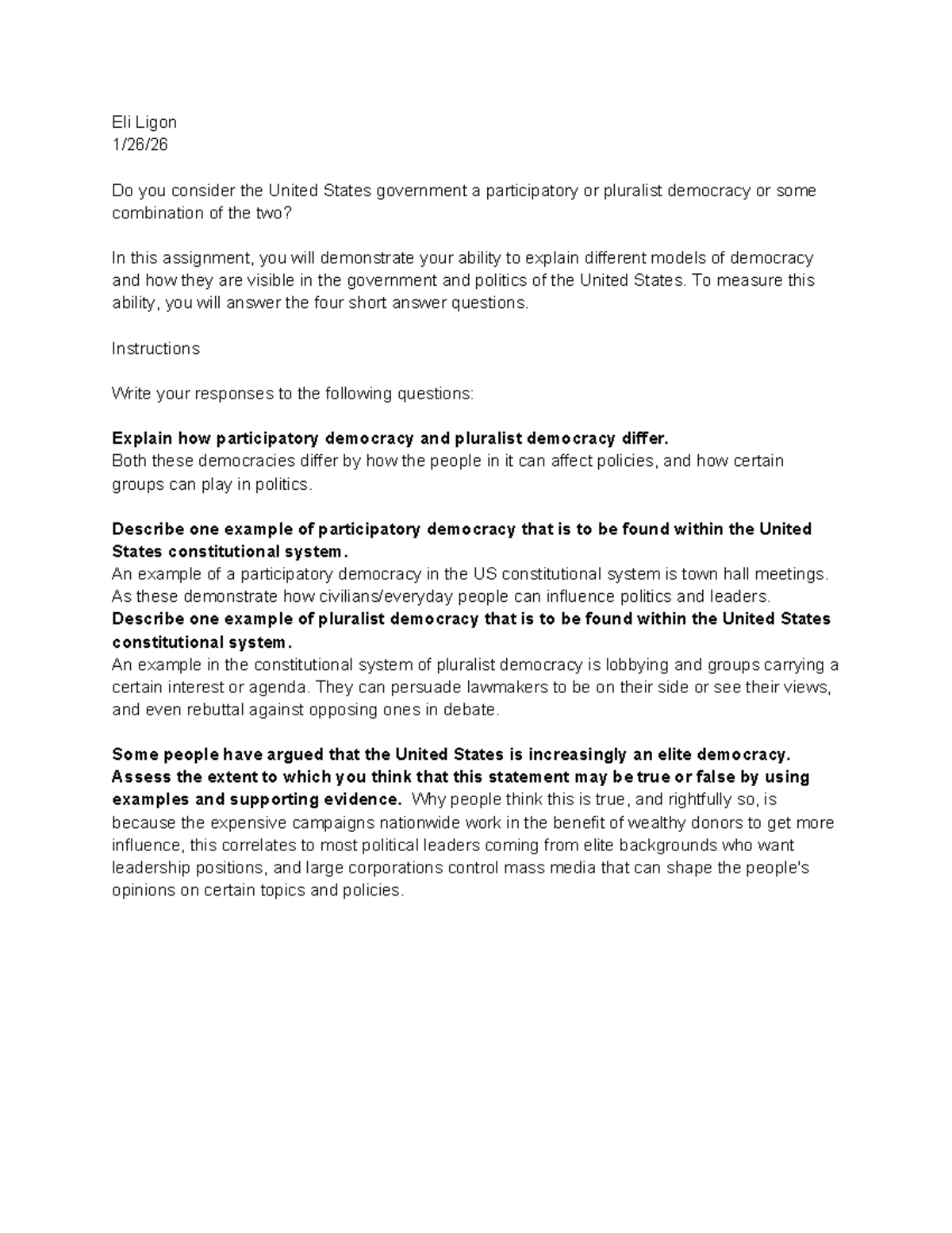AP US Government 1.2 Assignment: Democracy Models Explained - Studocu