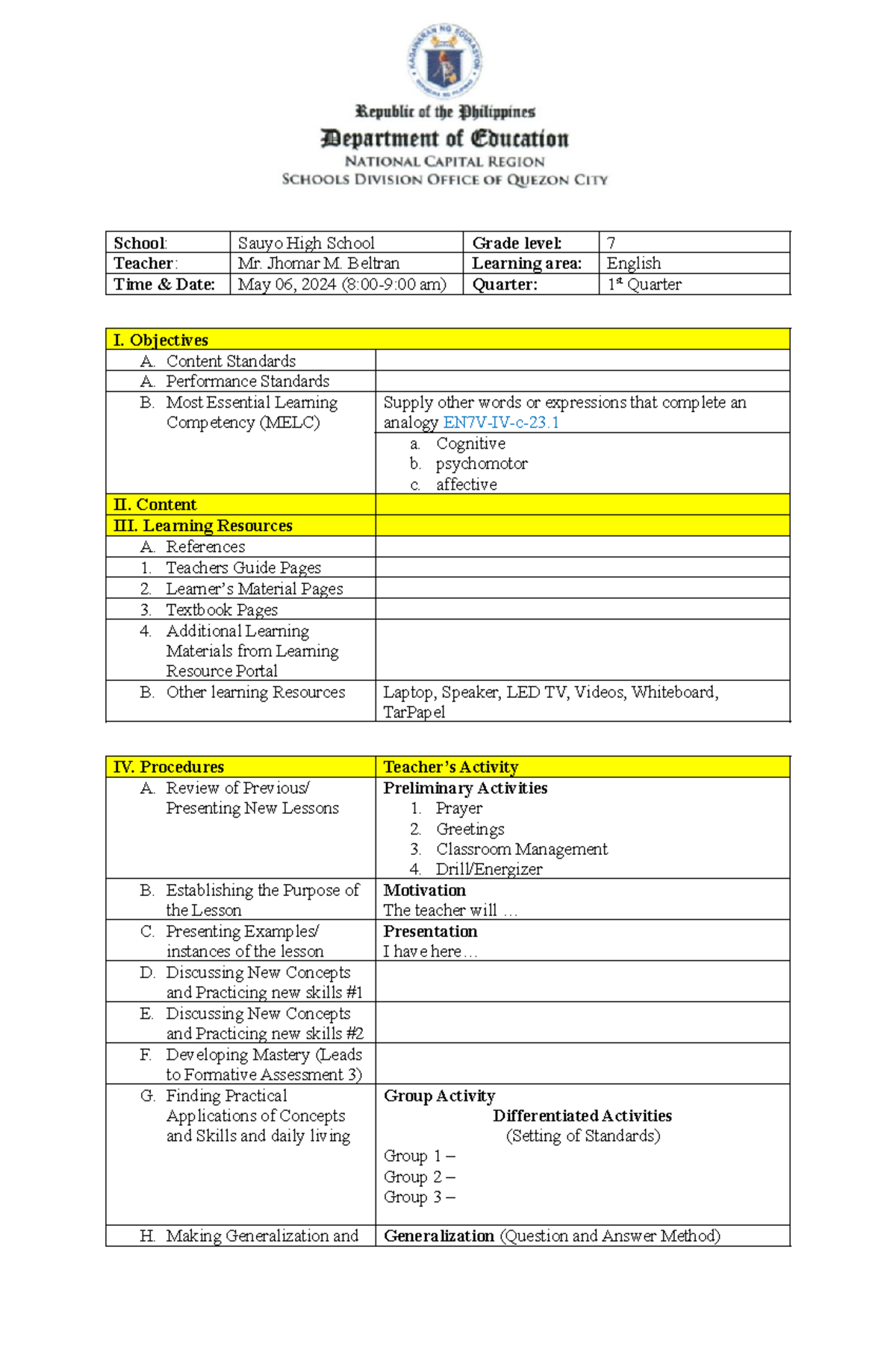 Detailed Lesson Plan for English (Grade 7) - 1st Quarter - Studocu