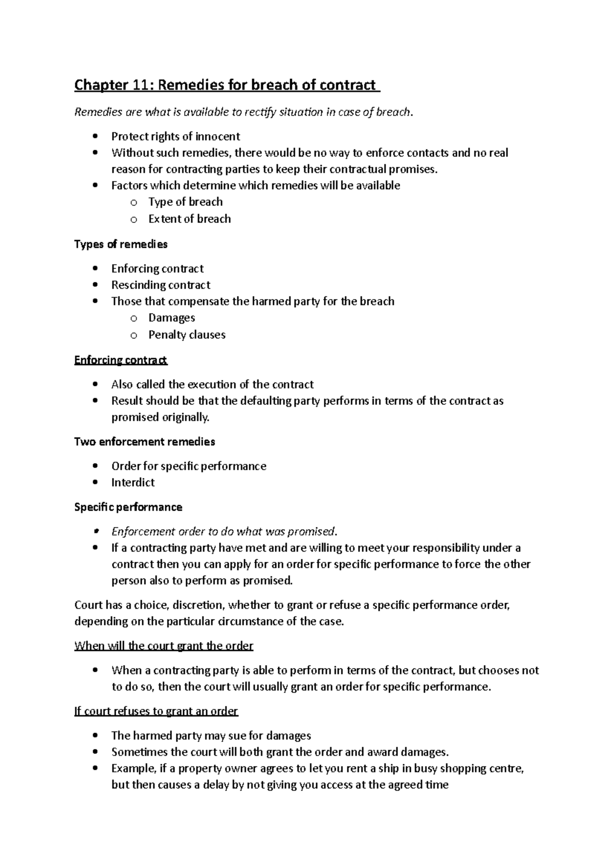 Chapter 11 - Chapter 11: Remedies for breach of contract Remedies are ...