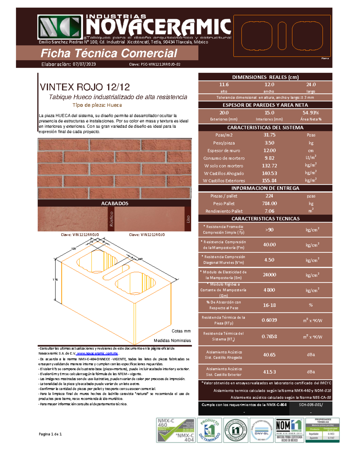 Ficha Técnica Ladrillo Recocido Hueco - VIN1212RROJO - Studocu