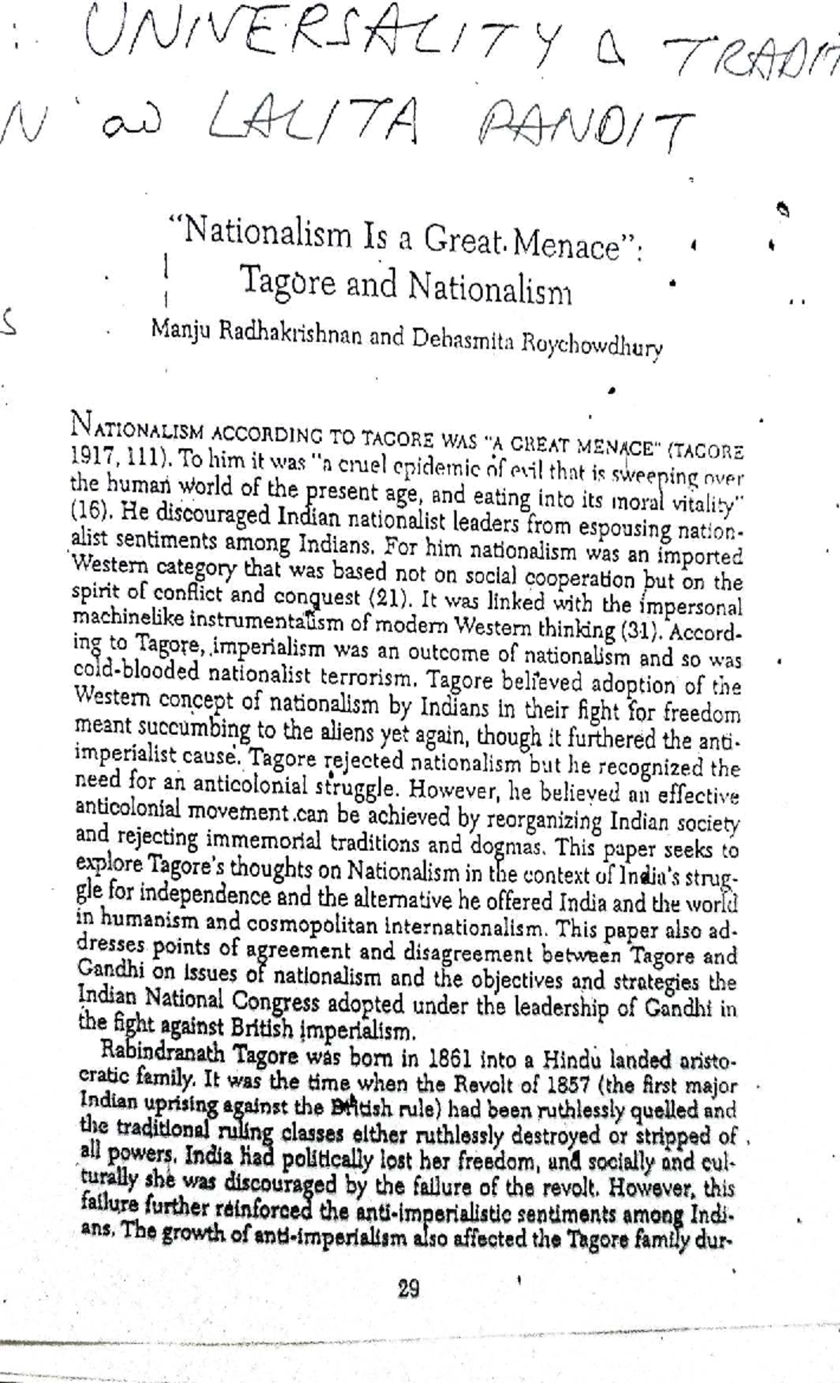 Tagore on Nationalism: Insights and Critiques (Course Code: 1) - Studocu