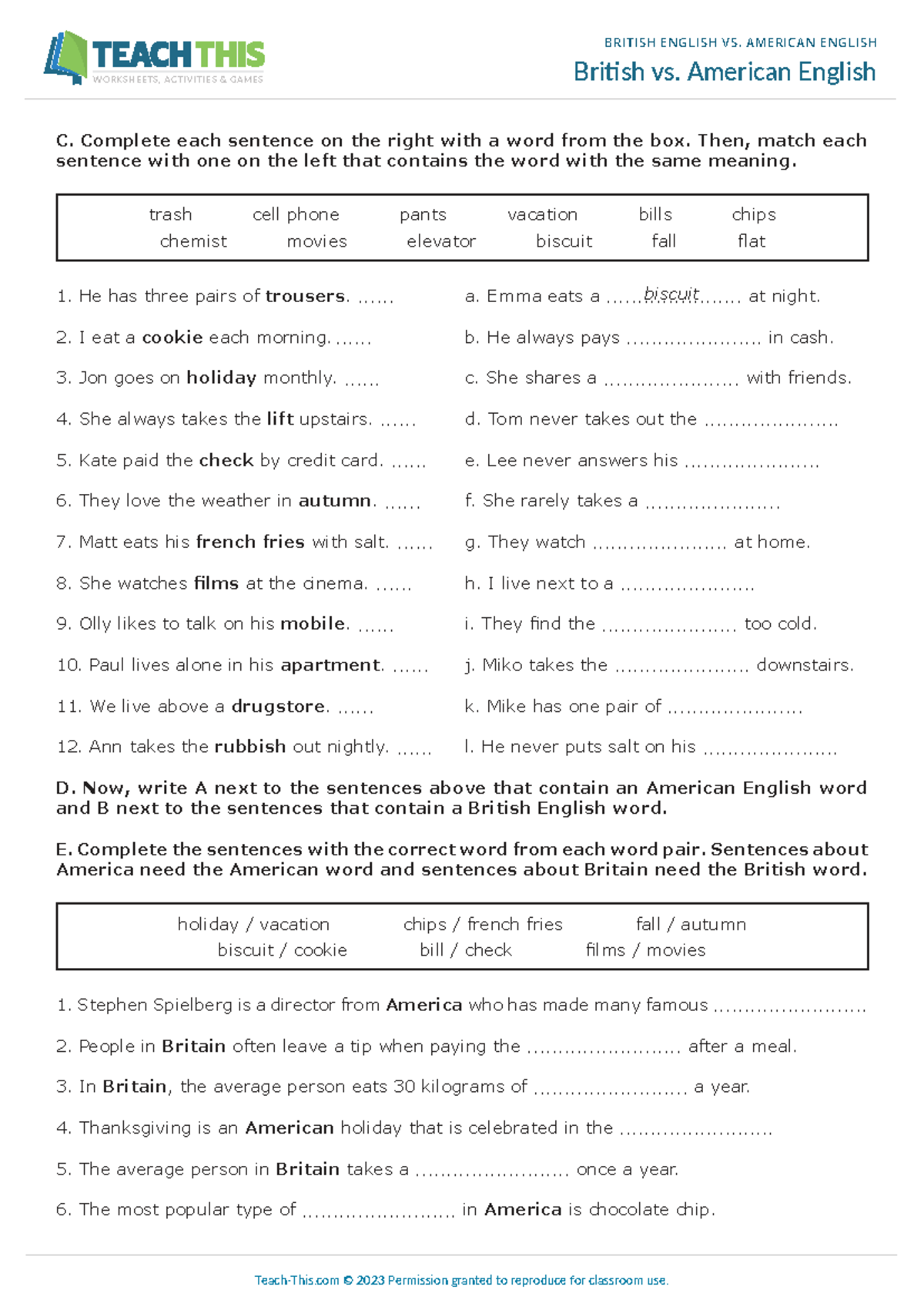 British vs. American English Worksheets & Activities C - Studocu