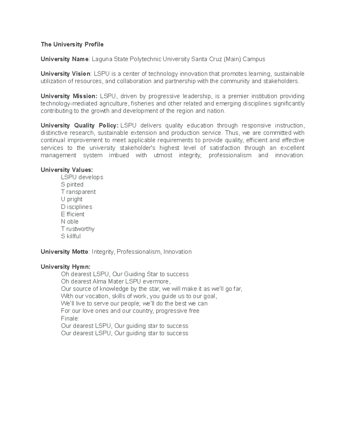 University-Profile - Quarter - The University Profile University Name ...