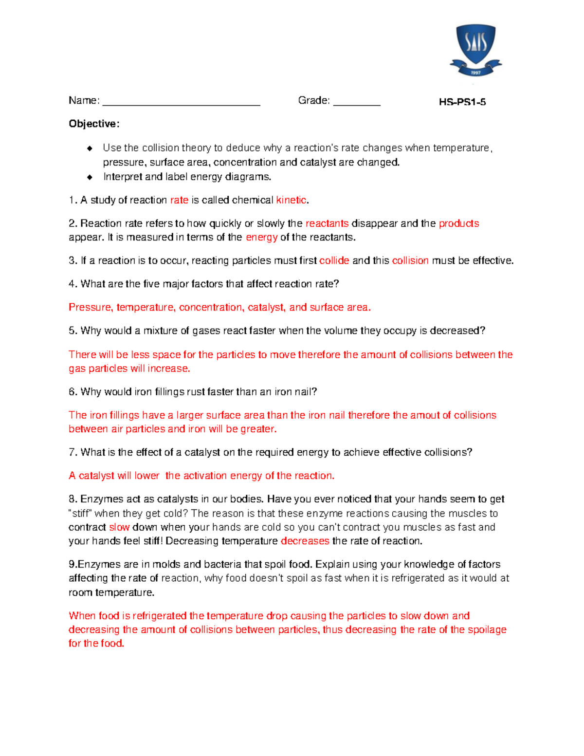 Chemical Kinetics: Reaction Rates Answer Key & Key Concepts - Studocu
