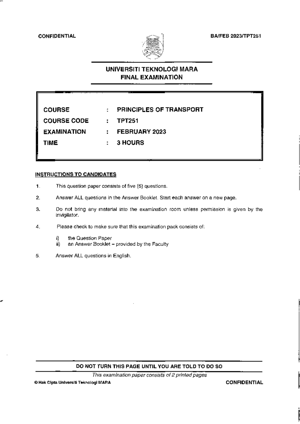 Final Exam TPT251 - Principles of Transport February 2023 Study Guide ...