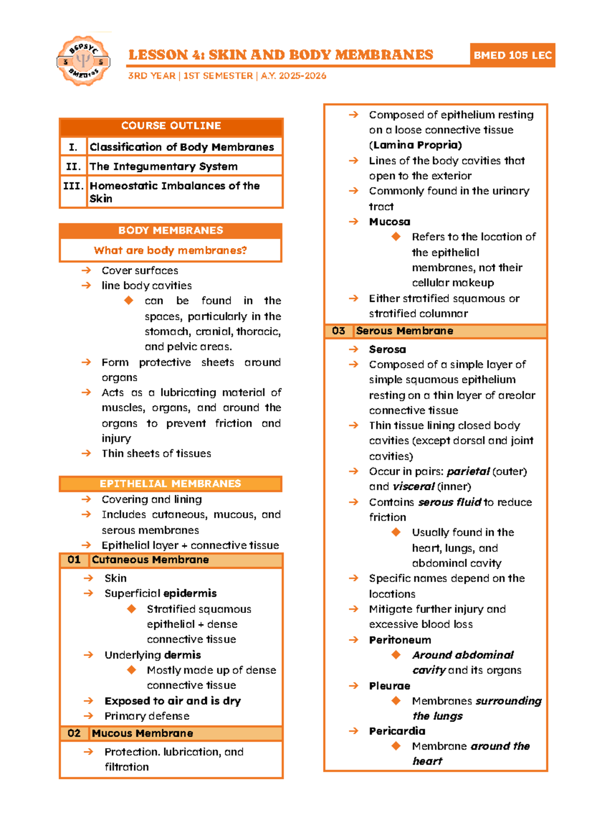 BMED 105 LEC: Lesson 4 - Skin and Body Membranes Overview - Studocu