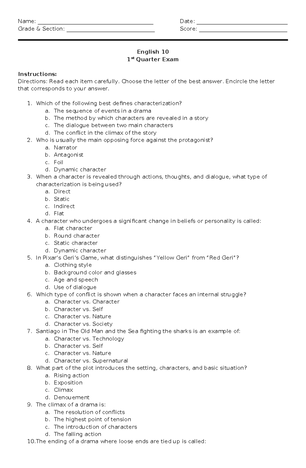 ENG10 1st Quarter Exam: Characterization & Conflict Analysis - Studocu