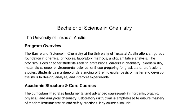 UT Austin Chemistry Program Overview: B.S. in Chemistry Guide - Studocu