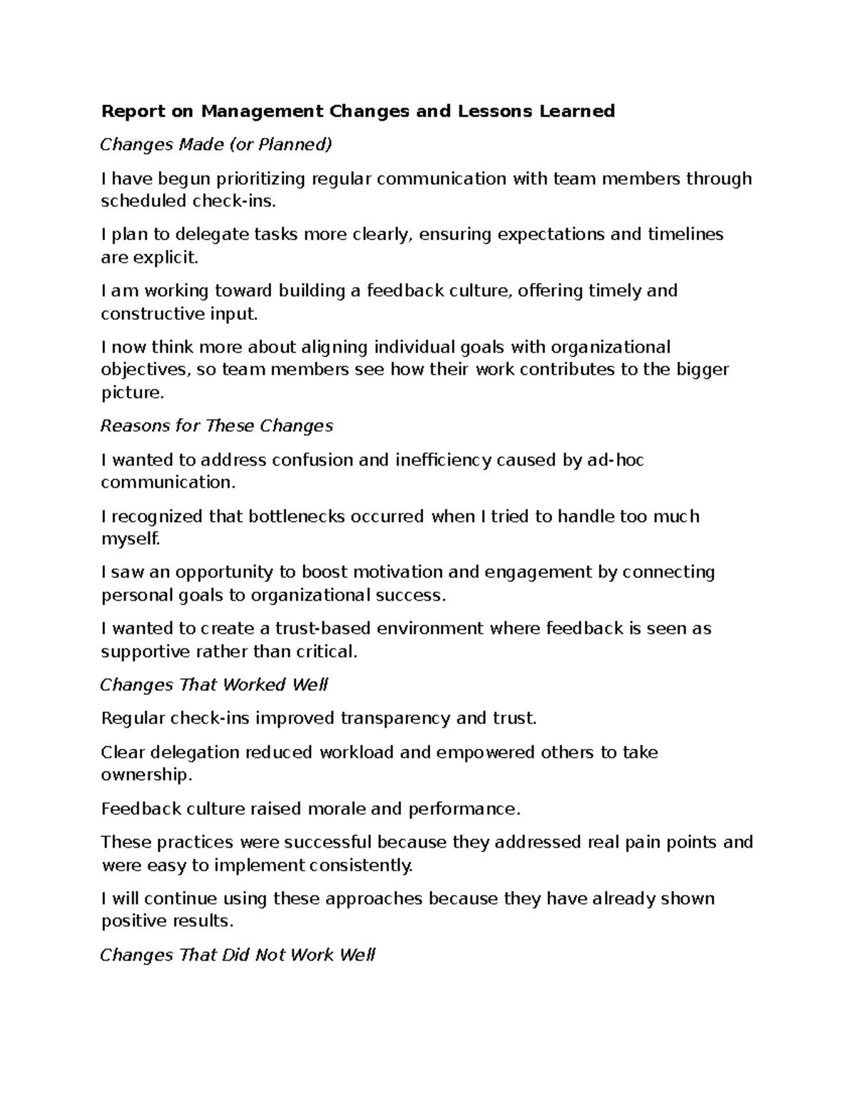 Management Changes & Lessons Learned: Insights & Future Goals - Studocu