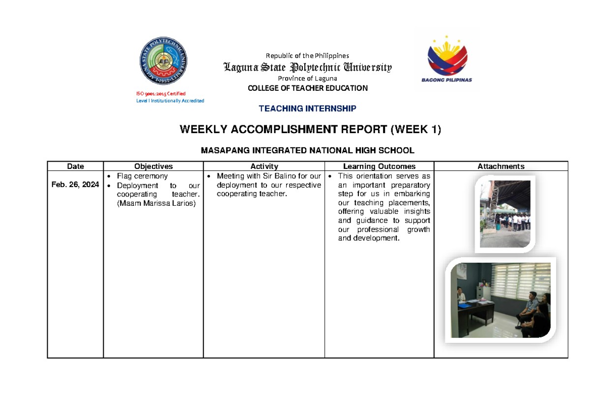 CTE 101: Teaching Internship Weekly Accomplishment Report (Week 1 ...