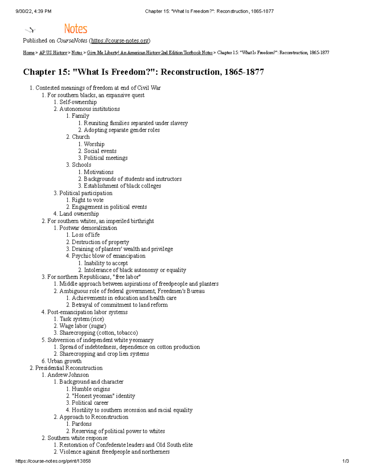 Chapter 15 Notes - What Is Freedom - Reconstruction, 1865-1877 - 9/30 ...