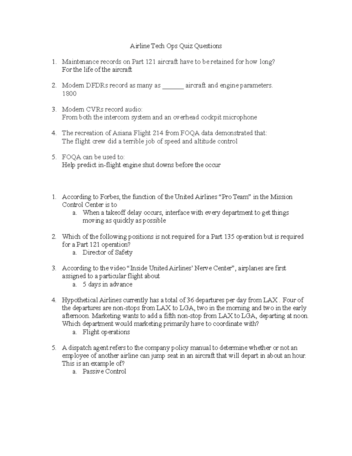 Airline Tech Ops Quiz Questions for Final Exam - ATC 101 - Studocu