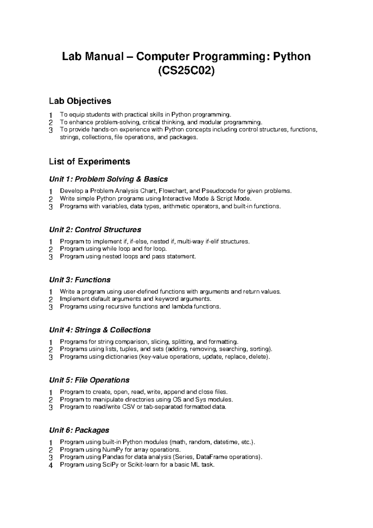 Python Lab Manual: CS25C02 - Practical Programming Experiments - Studocu