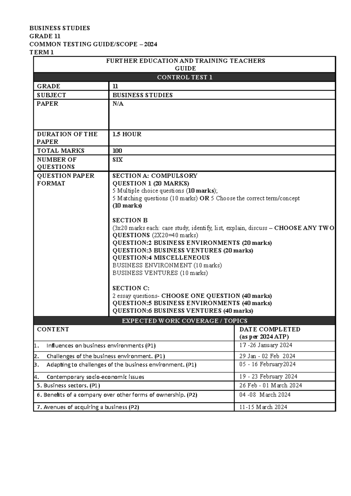 2024 Business Studies BSTD Grade 11 Testing Guide and Scope - Studocu