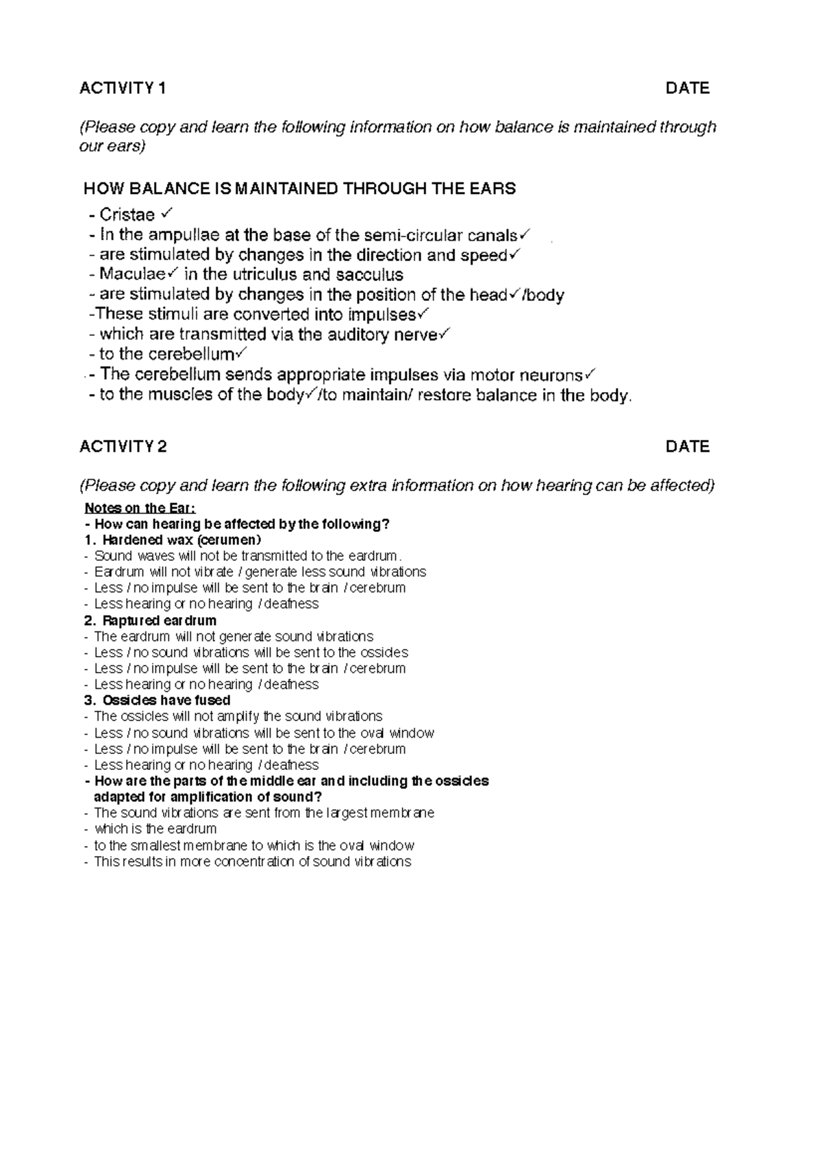 Life Sciences Grade 12: Balance & Hearing Mechanisms Notes - Studocu