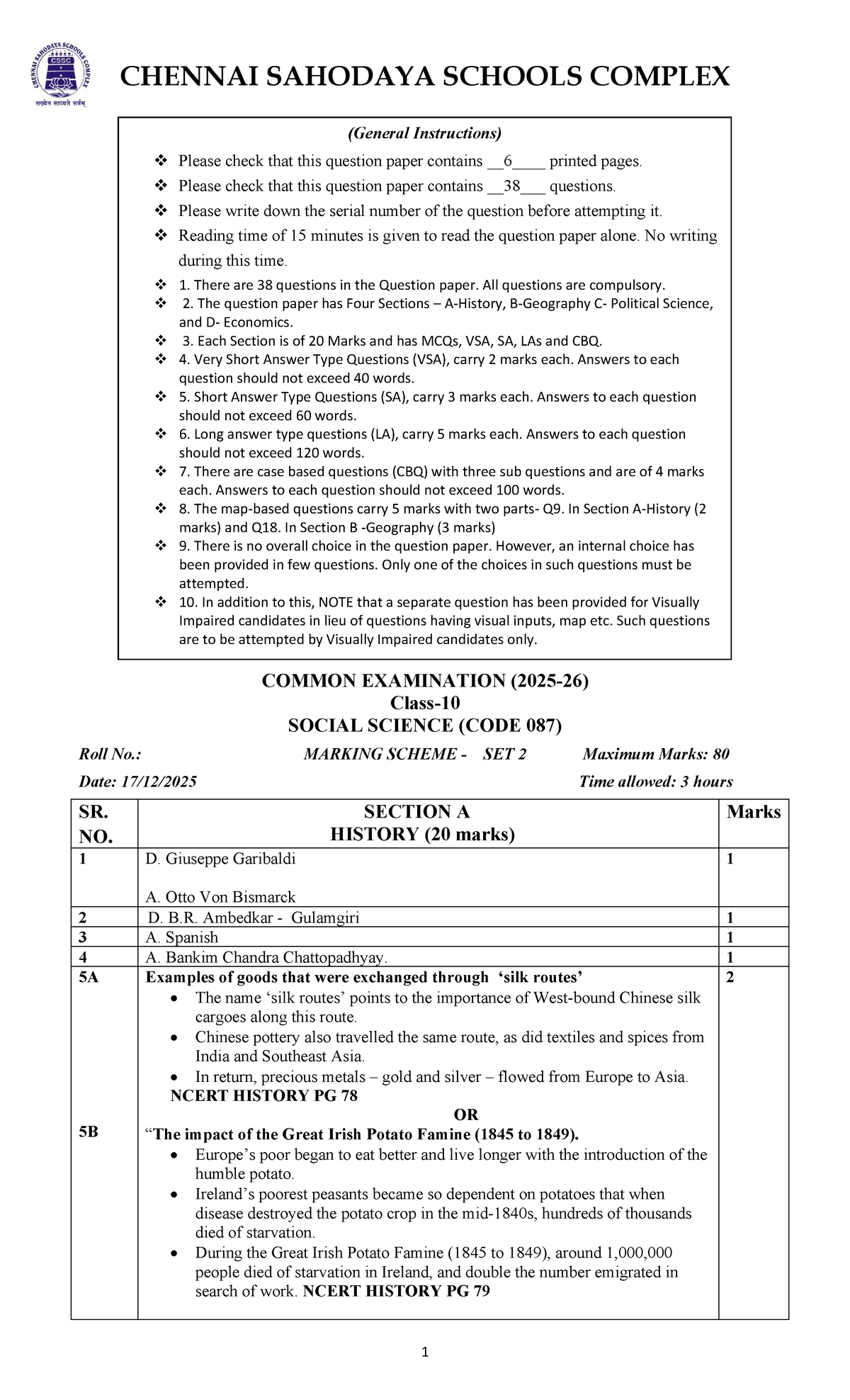 MS- Social Science (087) - Common Exam Instructions & Question Paper ...