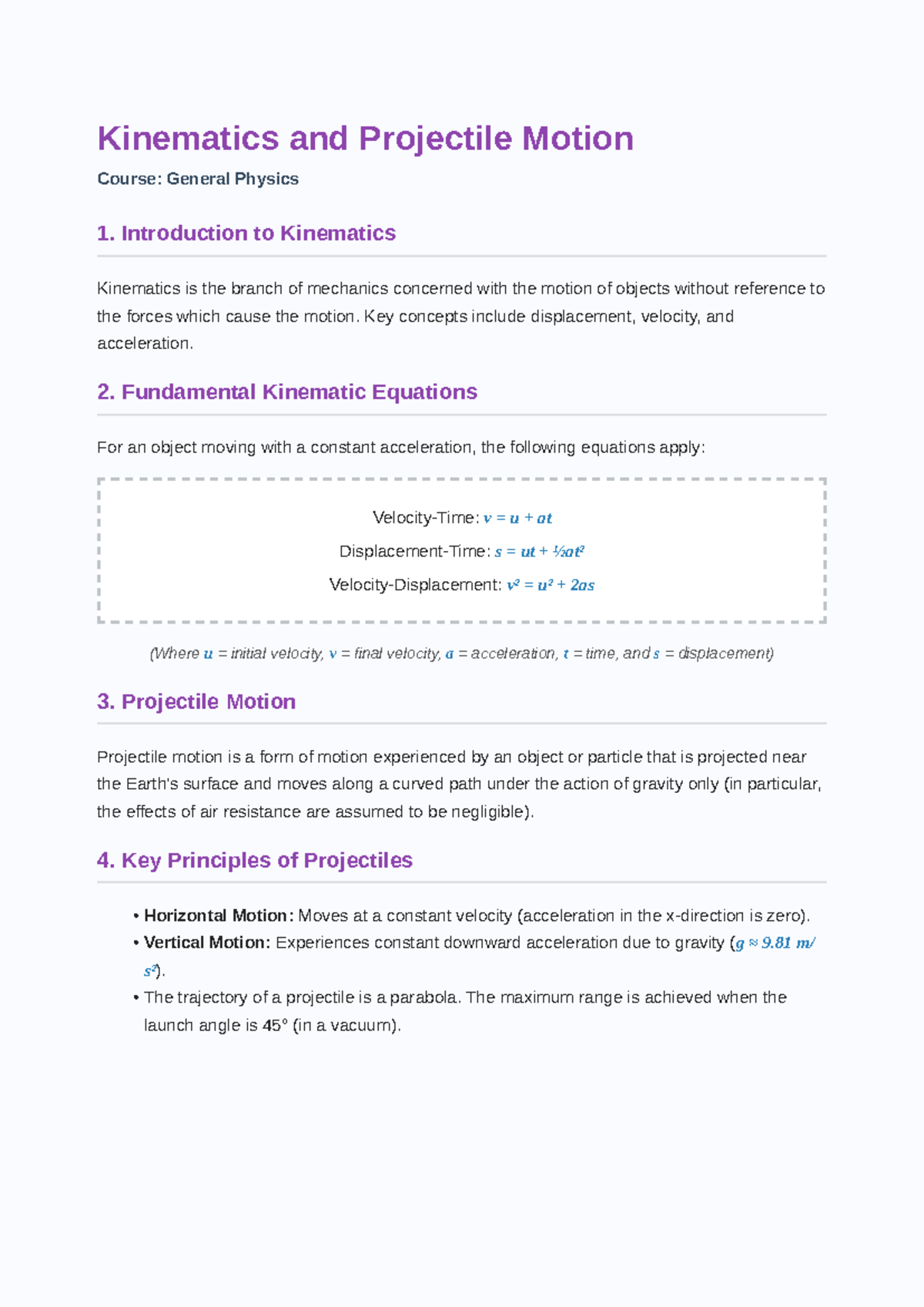 Kinematics and Projectile Motion Notes: General Physics 1 - Studocu