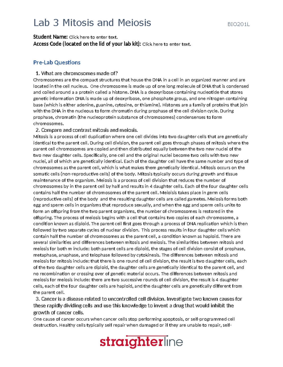 LAB 3 - Mitosis and Meiosis Worksheet for Cell Division Study - Studocu