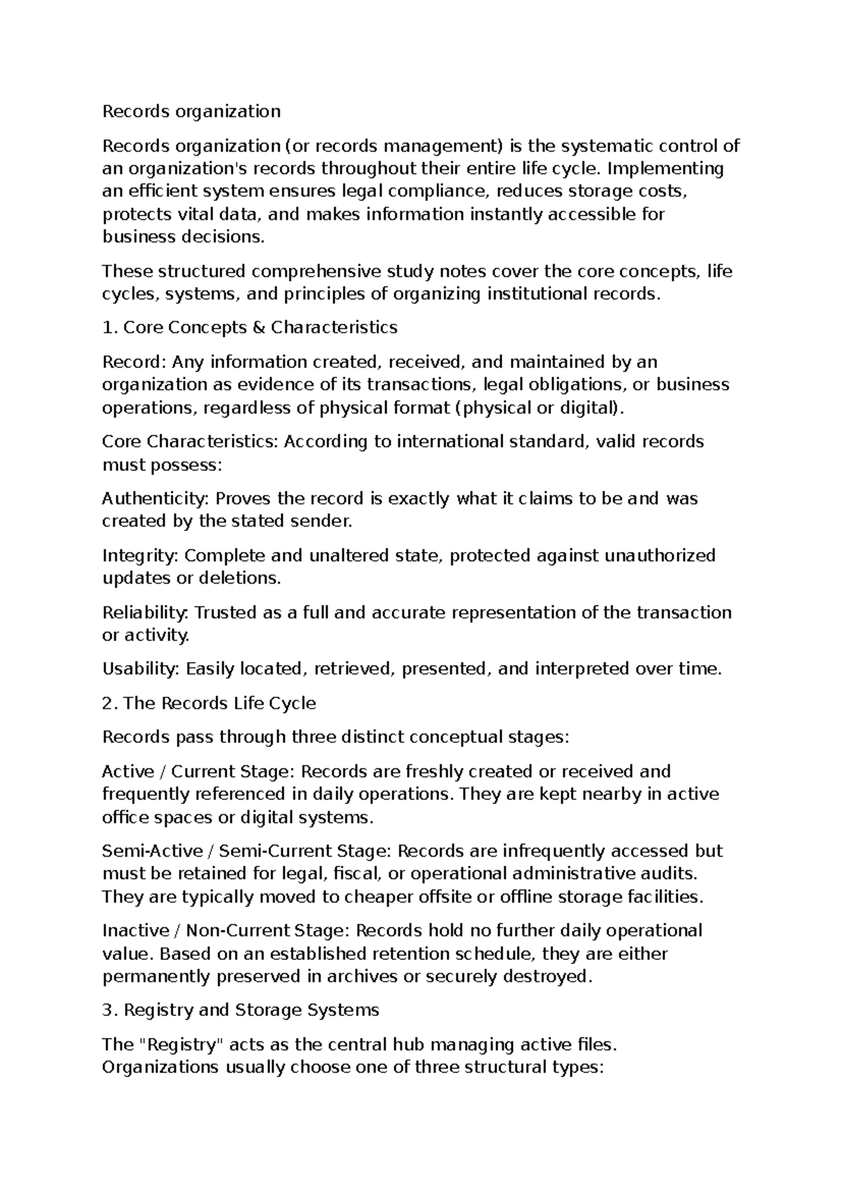 Records Management Notes: Core Concepts & Life Cycle Overview - Studocu